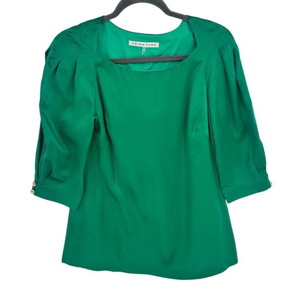 Trina Turk | Tops | Trina Turk Silk Satin Blouse 34 Sleeves Emerald ...